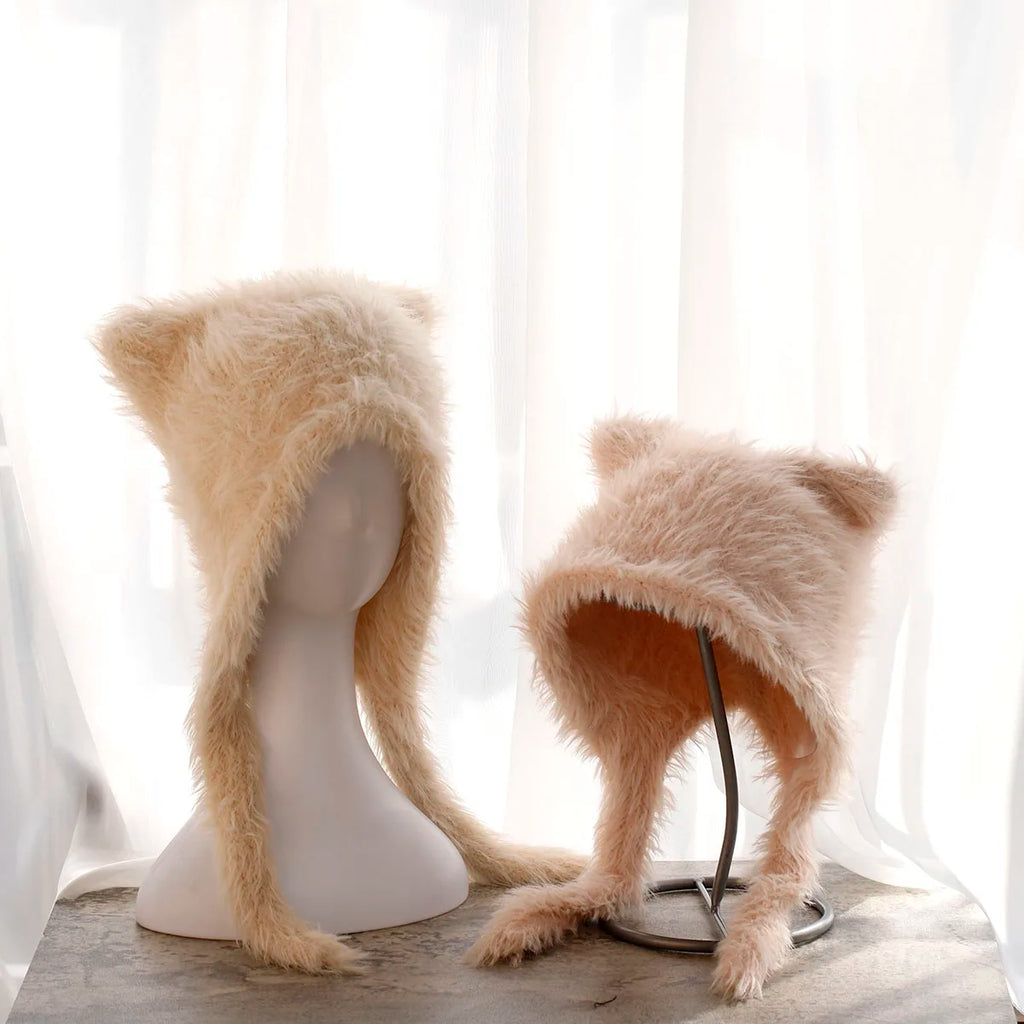 Fluffy Cat Ear Winter Hat – Faux Fur Warm Beanie – The Kawaii Shoppu