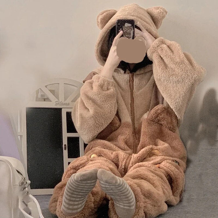Kawaii Cute Hooded Ears Brown Bear Warm Fluffy Onesie – The Kawaii Shoppu