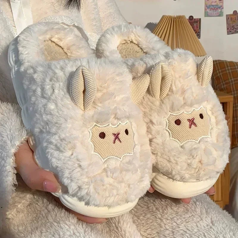 Winter Fluffy Sheep Plush Slippers – Warm Faux Fur Indoor Home Shoes ...